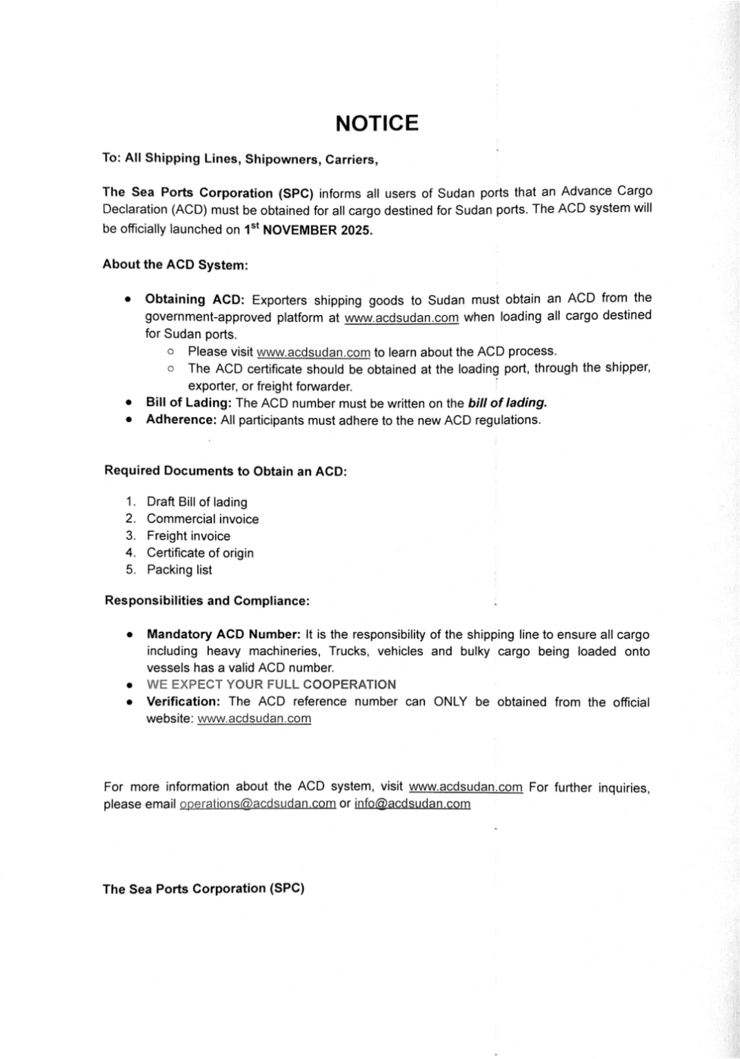 Additional Document Requirement – Packing List - ACD Sudan